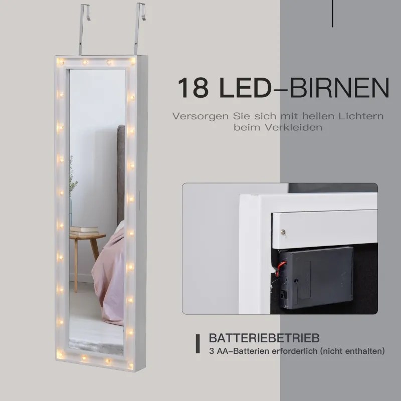 Skříňka na šperky (šperkovnice) se zrcadlem a LED osvětlením, nástěnná / závěsná, bílá, 36,6 x 8 x 120 cm 831-330