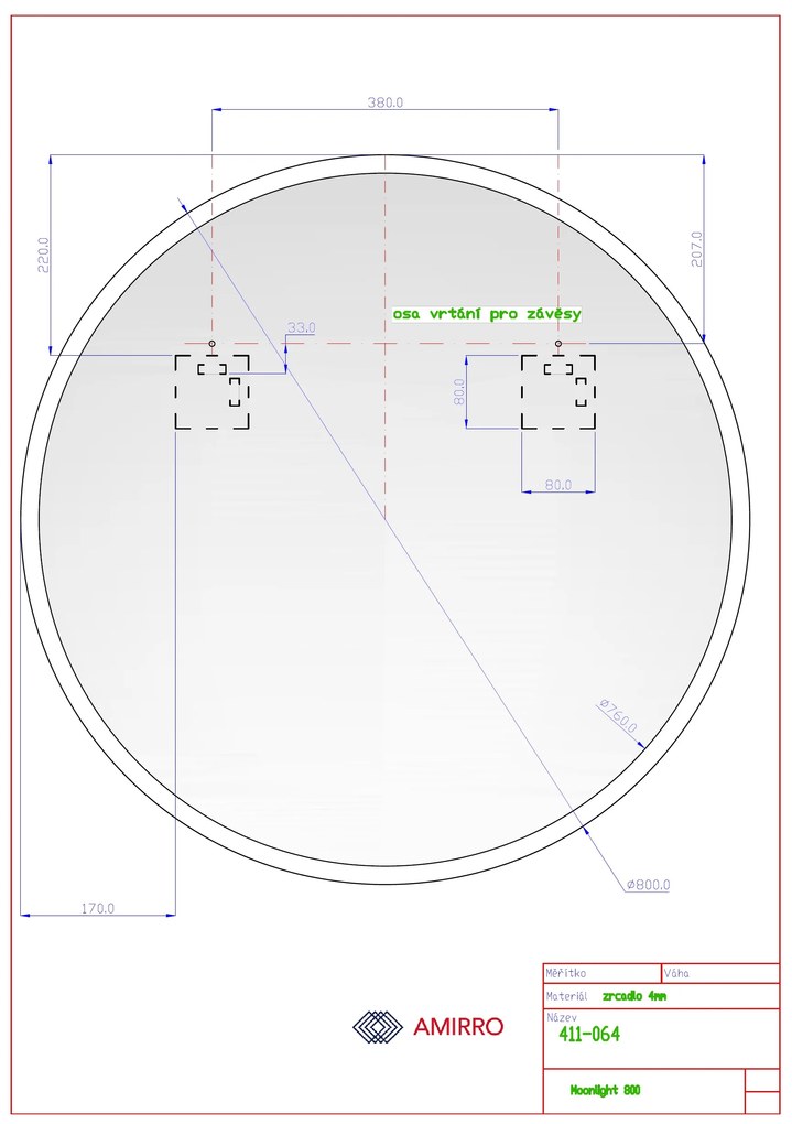 Amirro Zrcadlo na zeď chodbu do pokoje ložnice koupelny předsíně kulaté MOONLIGHT kruh průměr 80 cm s LED podsvíceným okrajem po celém obvodu 411-064