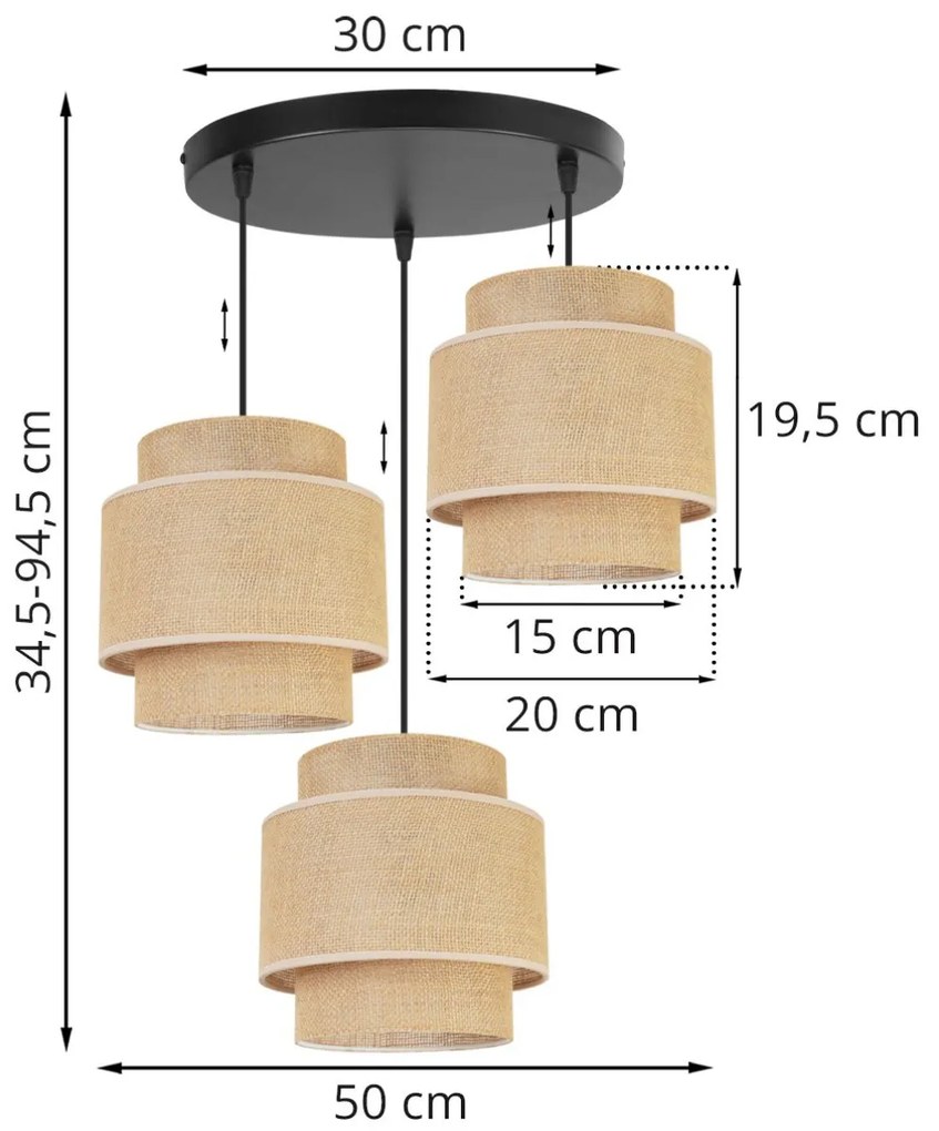 Závěsné svítidlo BOHO, 3x jutové stínítko, (výběr ze 2 barev konstrukce), O