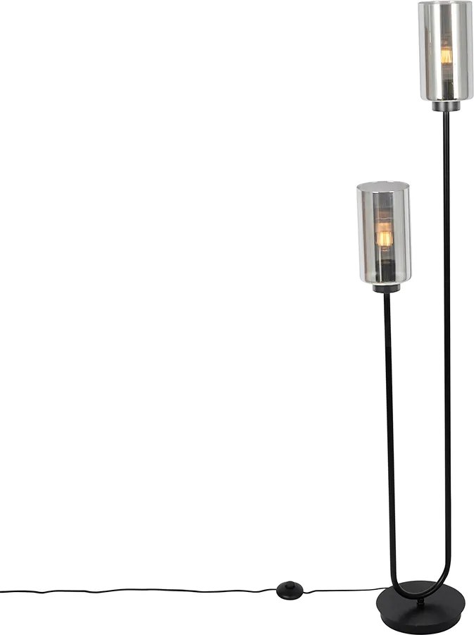 Art Deco stojací lampa černá s kouřovým sklem 2-světlo - Laura