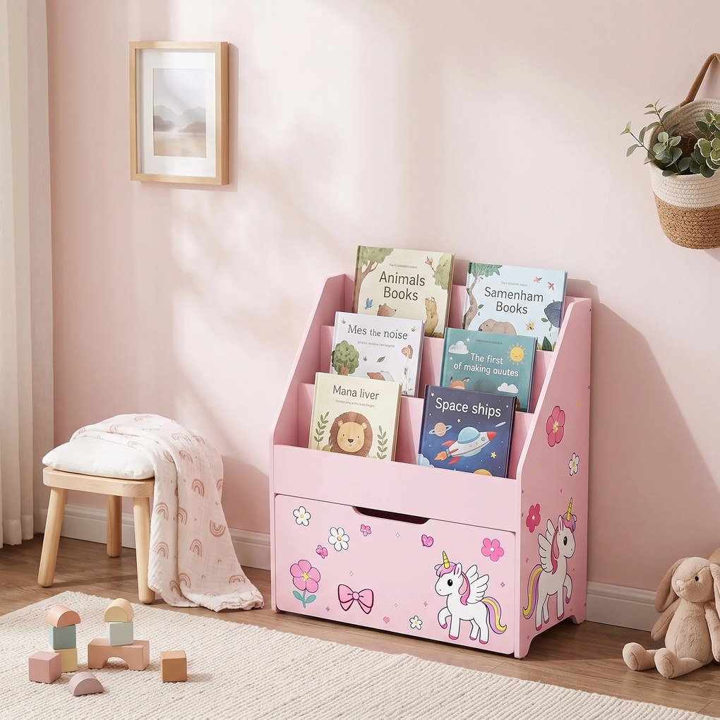 AIYAPLAY Montessori knihovna pro děti se zásuvkou, 3 patra, růžová