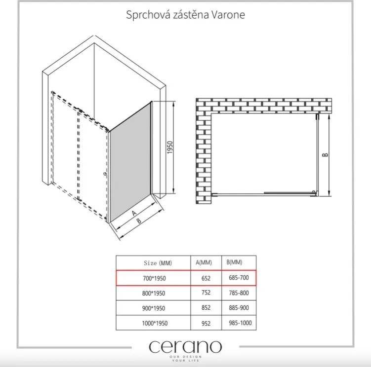 CERANO - Boční stěna Varone L/P - 6 mm - černá matná, grafitové sklo - 70x195 cm