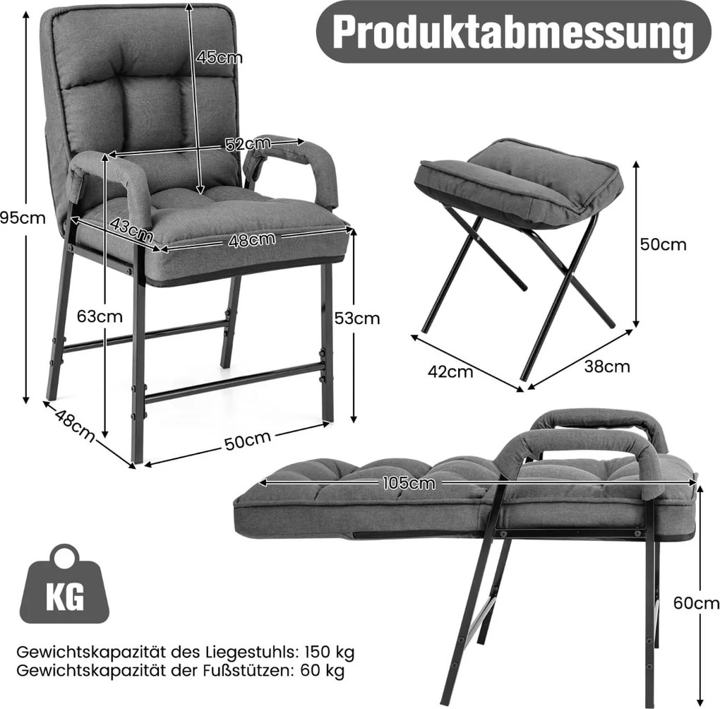 Costway Židle Accent + osmanská z lněné látky s nastavitelným opěradlem