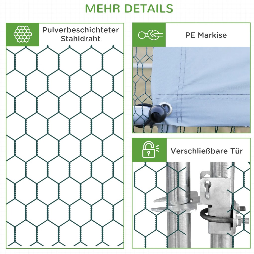 PawHut kurník, 3 x 6 x 2 m, volný výběh XXL, venkovní kurník se stínem, střecha, pro 12-18 kuřat, kachny, králíky, ocel