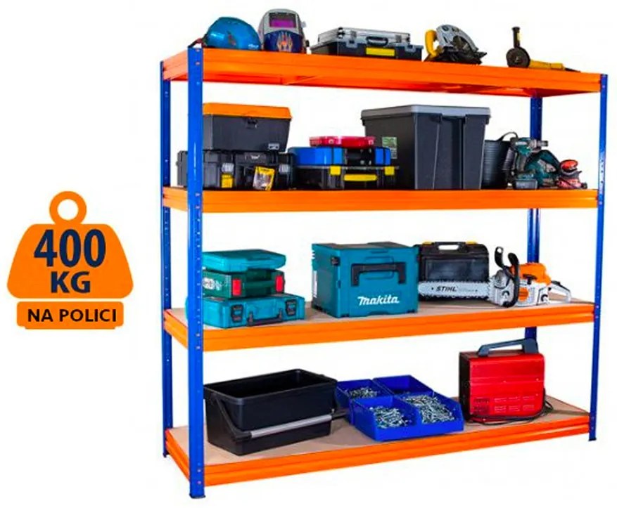 Fistar Regál 1800x1200x600 mm PROFESIONÁLNÍ, lakovaný 4-policový, nosnost 1600 kg - MODRO-ORANŽOVÝ