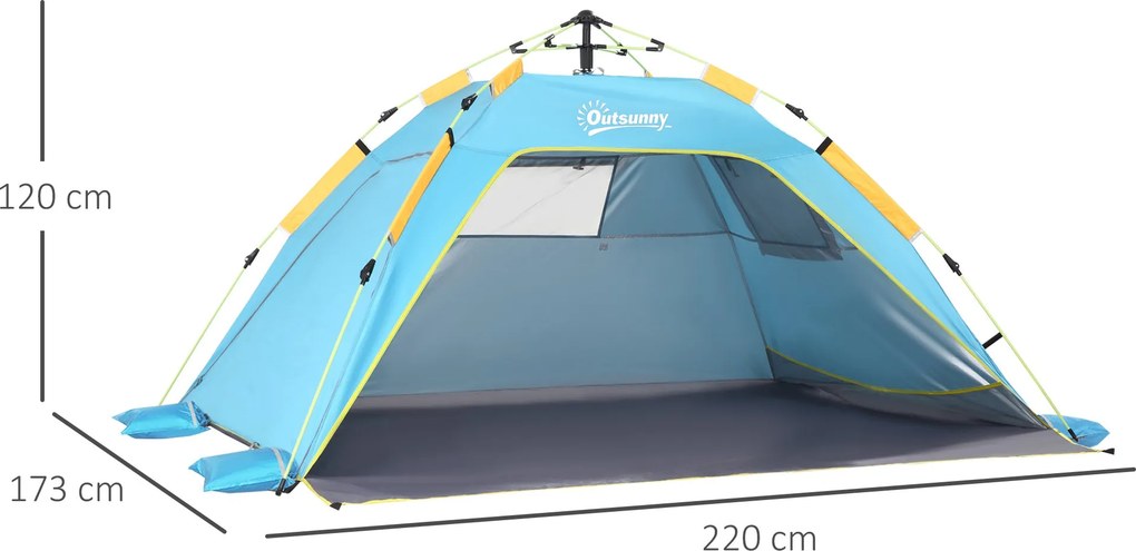 Outsunny Plážový Stan s Vyklápěcími Okny a Zipovým Vstupem, Instantní Polyesterový a Skleněný Stan, 220x173x120 cm, Světlá modrá a žlutá