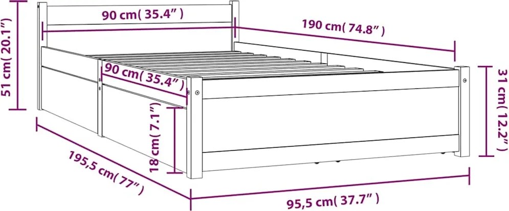 Rám postele se zásuvkami bílý 90 x 190 cm Single 3103479