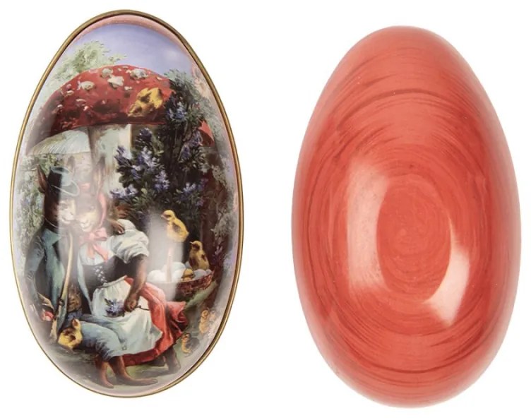 Velikonoční kovová dekorace červené vajíčko se zamilovanými zajíčky – 7x11x7 cm