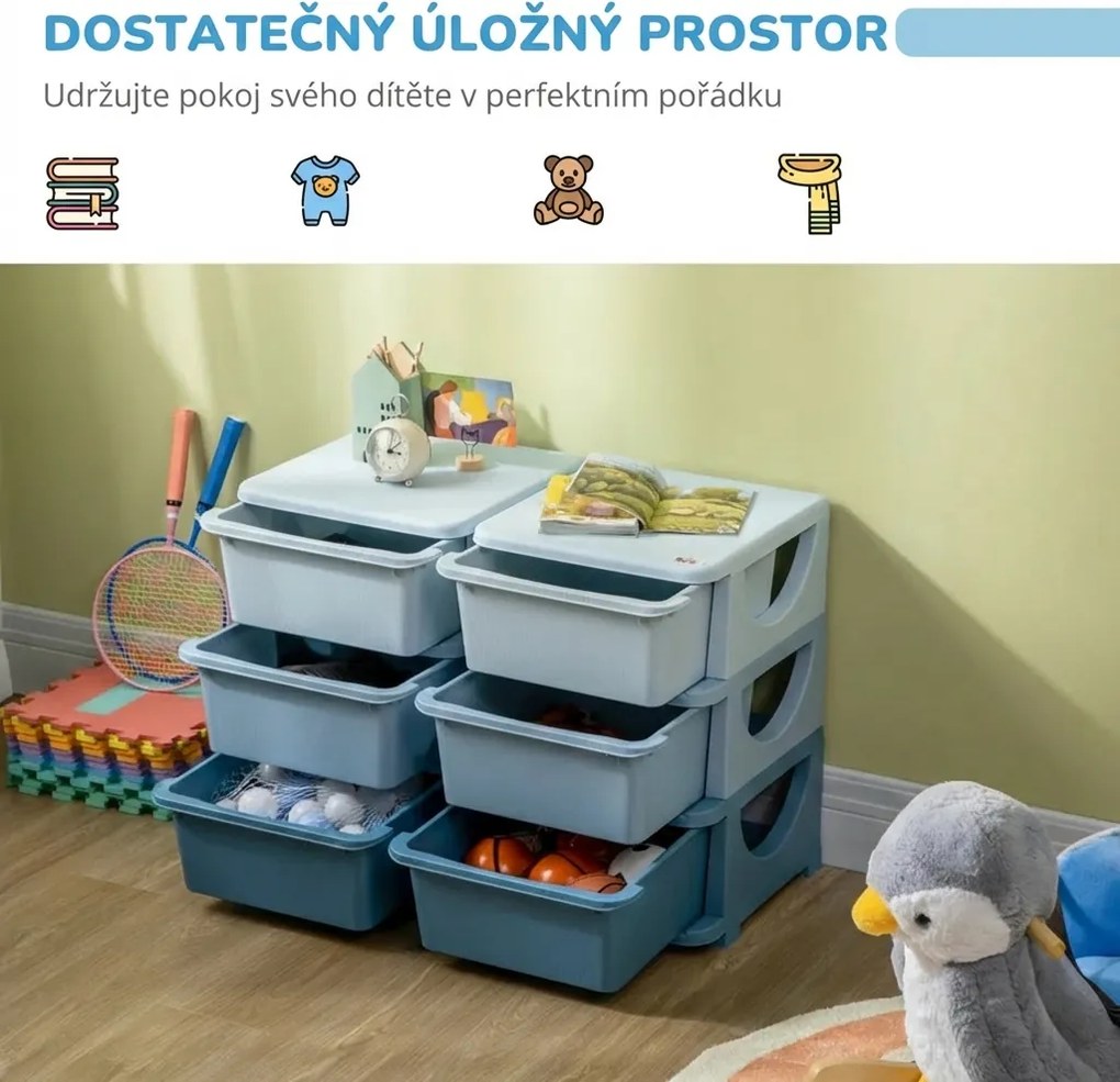 HOMCOM Dětská zásuvková skříňka (organizér) s úložnými boxy na hračky, modrá, 75 x 37 x 56,5 cm 311-053V00BU