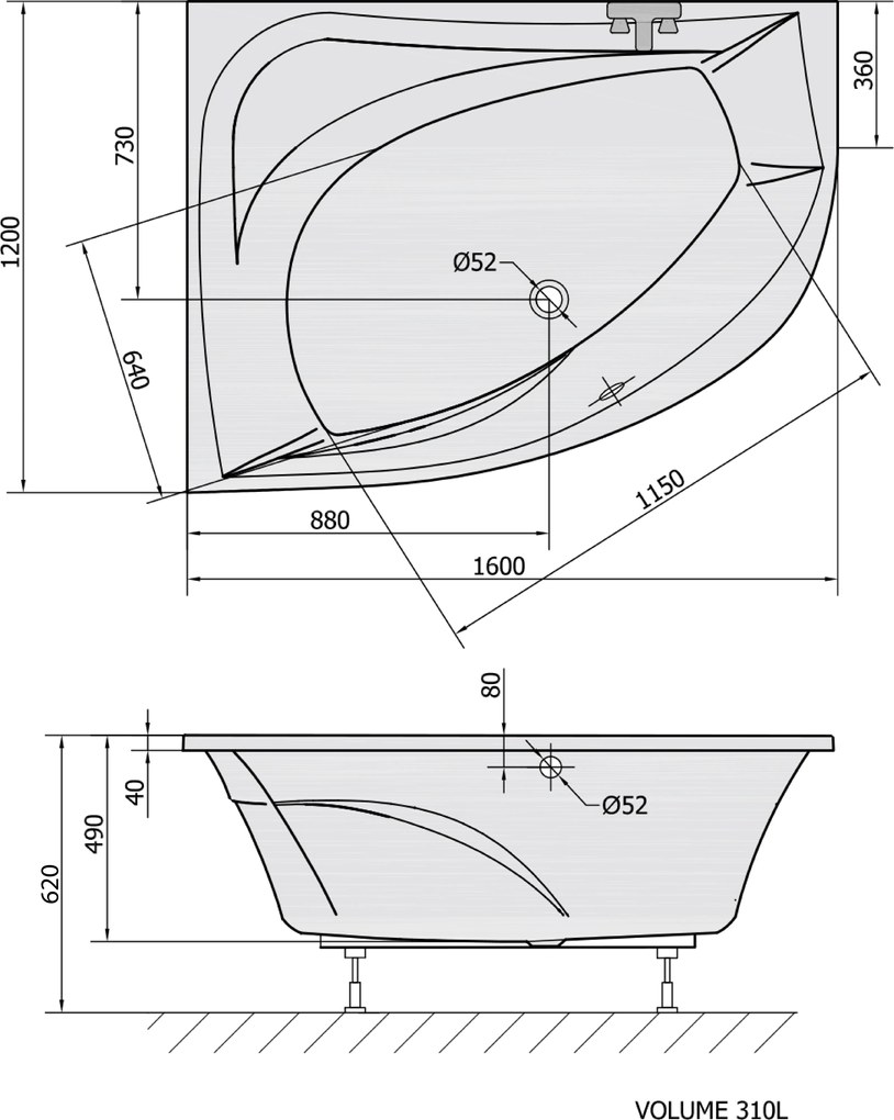 Polysan, TANYA L asymetrická vana 160x120x49cm, bílá, 65119