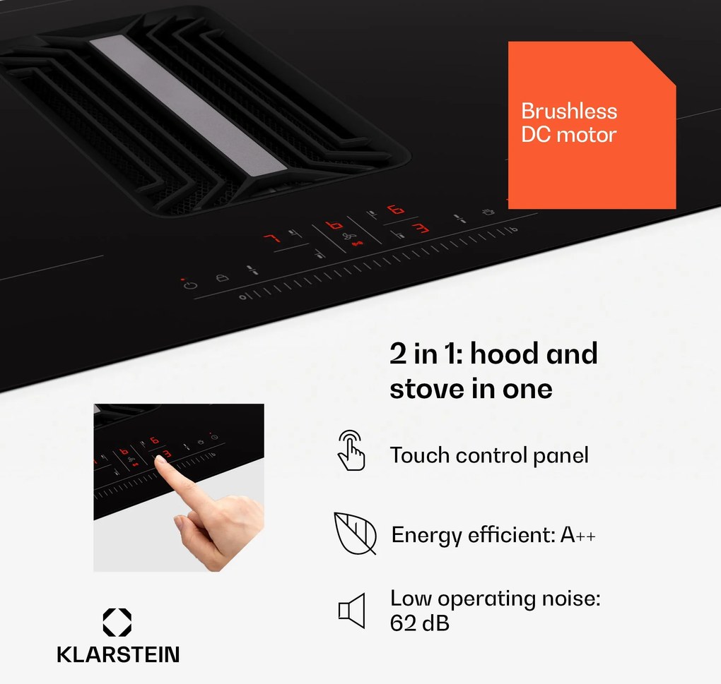 Klarstein AirJet 90, Down Air System, indukční varná deska, zabudovaná digestoř DownAir, 754 m³/h, energetická třída A