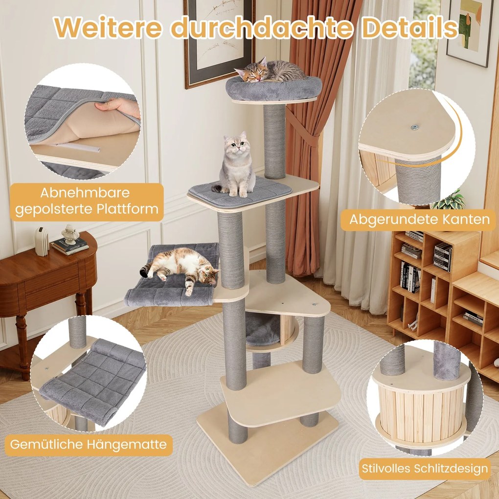 Costway 197 cm kočičí věž vícepatrový kočičí strom s polstrovaným horním