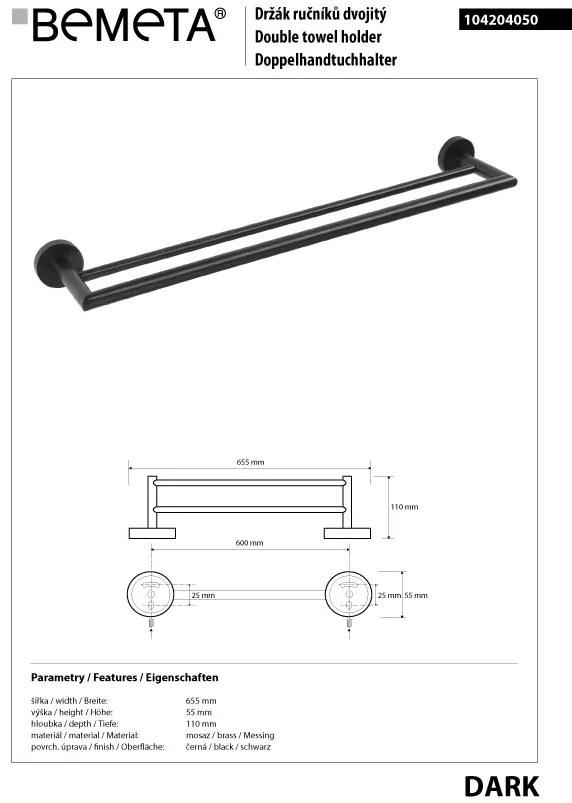 Bemeta Design DARK: Držák ručníků, 600 mm, dvojitý -
