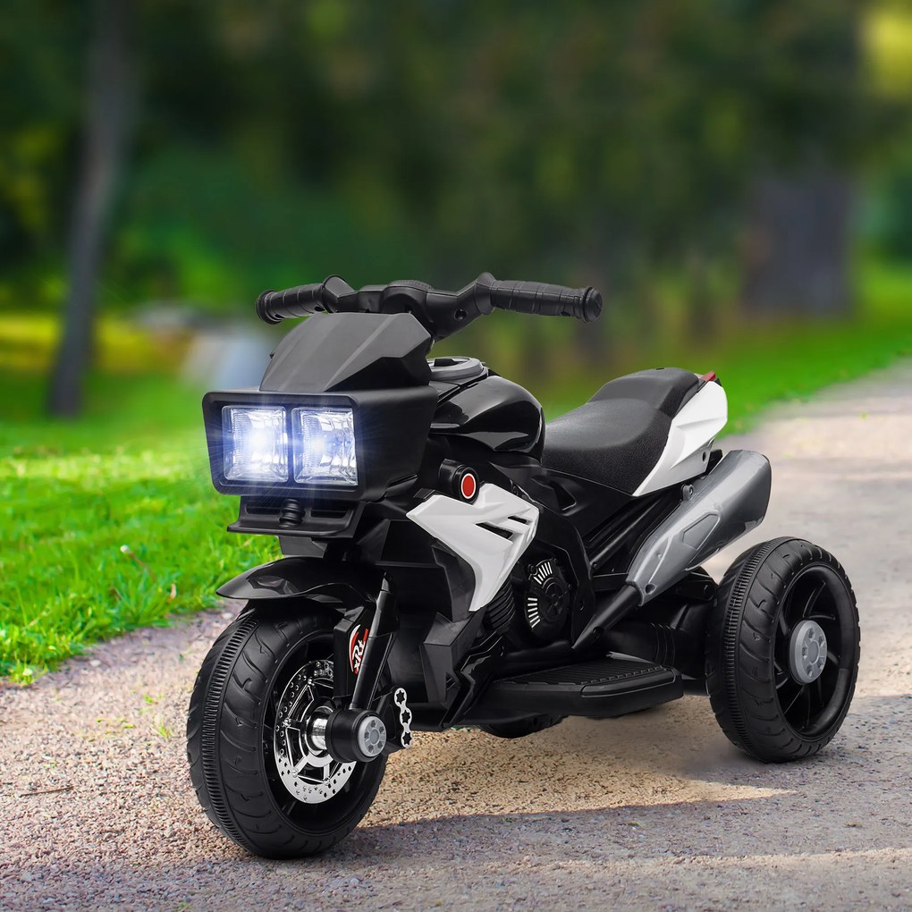 HOMCOM Elektrická Motorka pro Děti od 3 Let, 6V, Napájená Baterií, s Svetly, Hudbou, Klaksonem a Širokými Pneumatikami, Rychlost 3 km/h, Černá