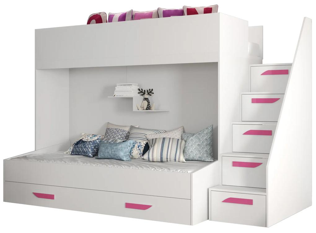 Dětská kombinovaná postel 90 cm Puro 16 (matná bílá + bílý lesk + růžové úchytky). 1087109