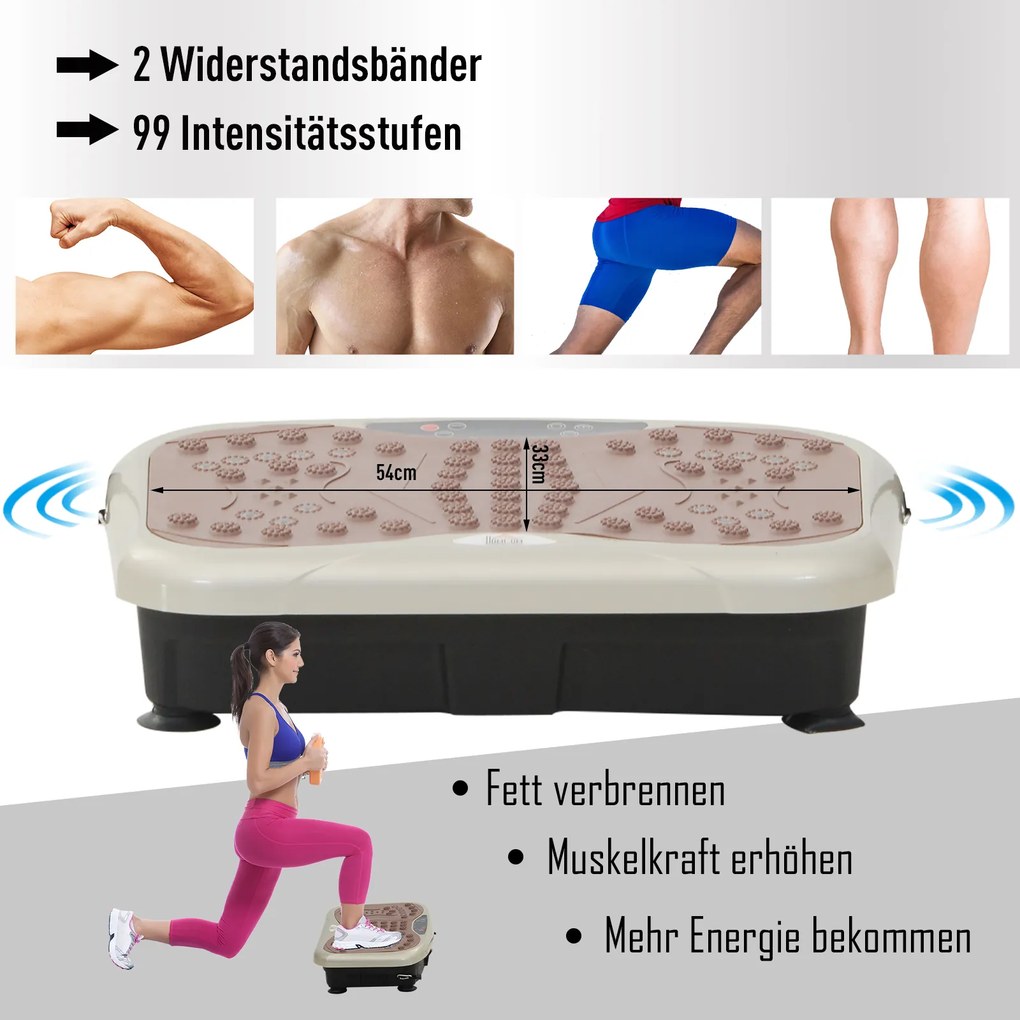HOMCOM Vibrační deska Vibrační trenažér Vibrační zařízení Fitness trenažér LED displej USB reproduktor Tréninkové pásky Dálkové ovládání | Aosom