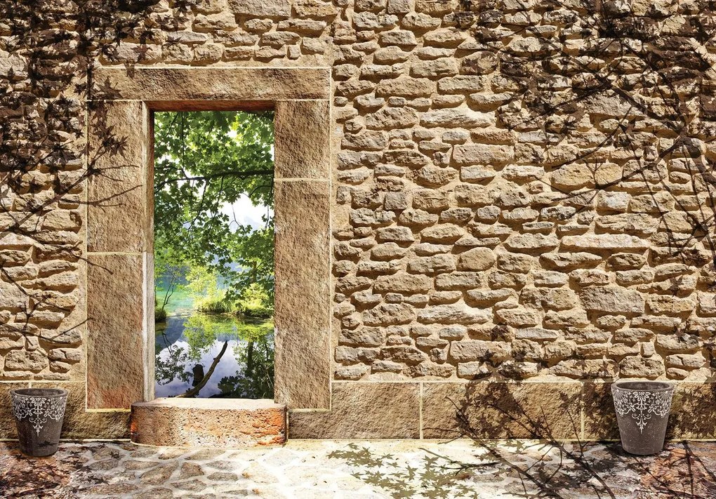 Fototapeta - Kamenná zeď - vstup k rybníku (254x184 cm)