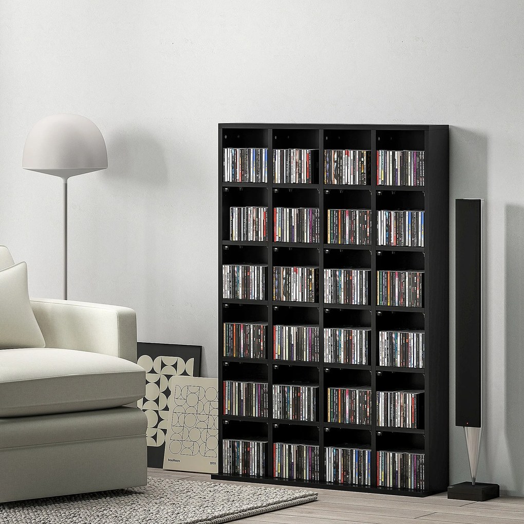 HOMCOM Knihovna na CD a DVD, Multimedia Skříň se 24 Přihrádkami, max. Kapacita 480 CD/312 DVD, Dřevěná Knihovna s Nastavitelnými Policemi, 89 x 20 x 1