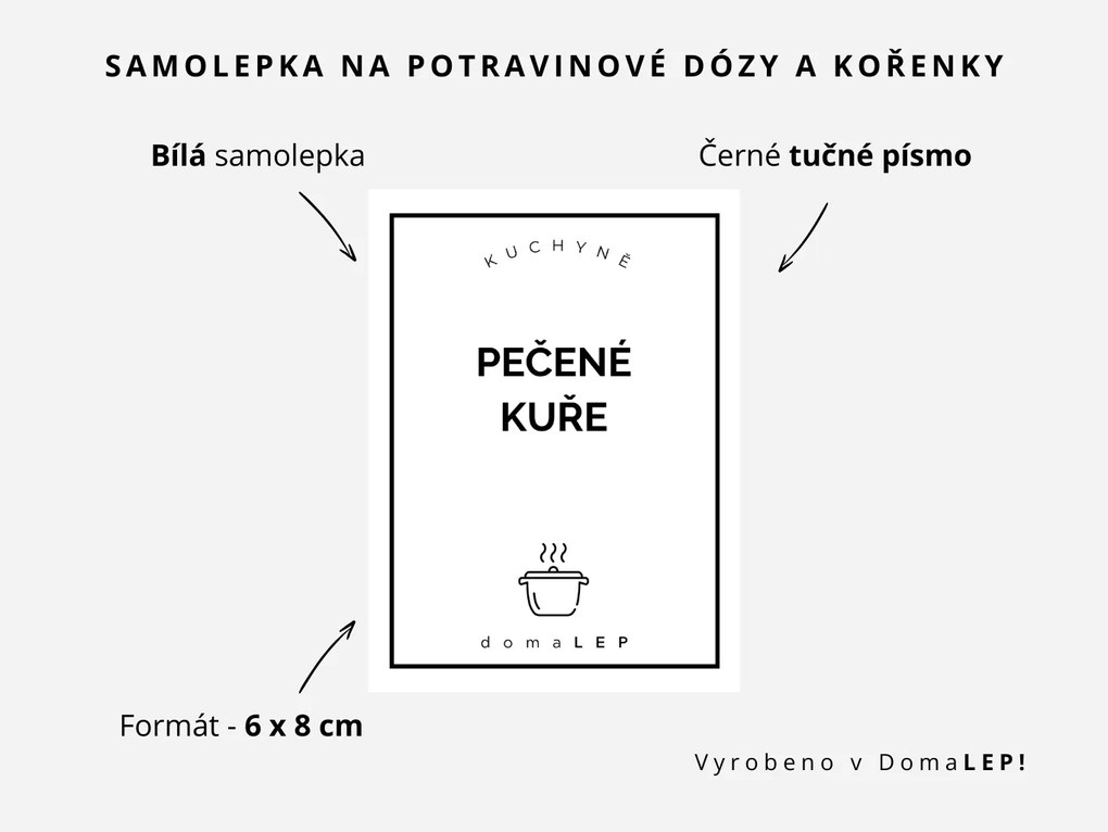 PEČENÉ KUŘE - omyvatelná samolepka na kořenky, výběr rozměrů Ø 5 cm / 5 x 5 cm / 6 x 8 cm | DomaLEP tvar: KOLEČKO, barva: BÍLÁ - ČERNÉ písmo, velikost: Ø 5 cm - základní písmo