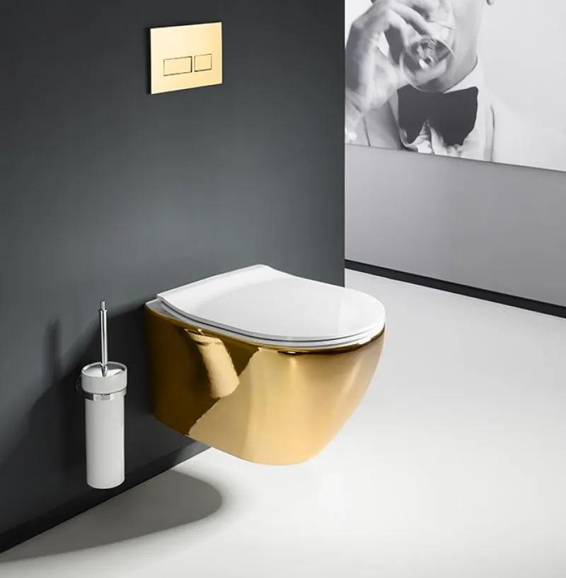 Závěsná WC mísa se SoftClose sedátkem REA CARLO MINI FLAT, bílá/zlatá