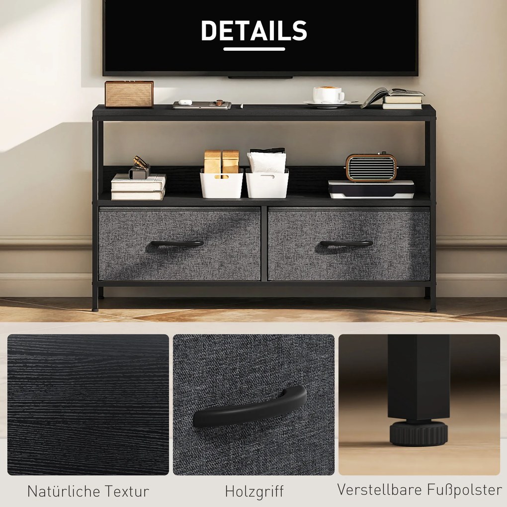 HOMCOM TV skříňka Lowboard se 2 zásuvkami, otevřeným prostorem, pro televizory do 47 palců, 98 x 29 x 56 cm, černá + tmavě šedá