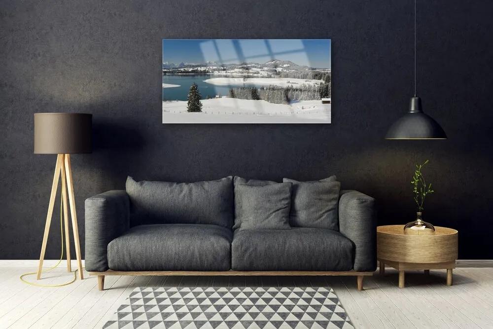 Obraz na skle Jezero Sníh Krajina Hory 125x50 cm
