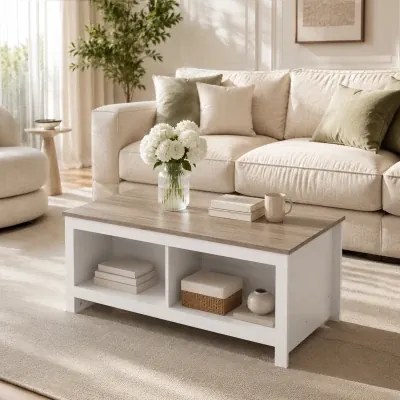 HOMCOM obdélníkový konferenční stolek, moderní stůl do obývacího pokoje se 4 otevřenými přihrádkami, 110 x 55 x 45,5 cm, dub a bílá