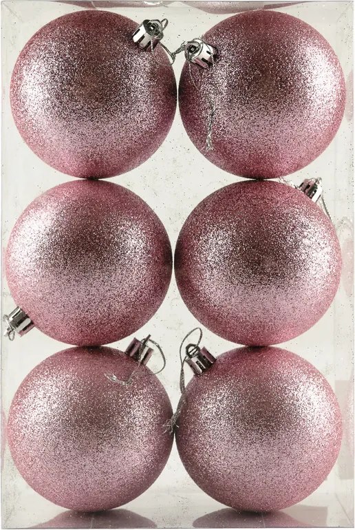 Sada vánočních ozdob růžová glitter 8 cm plastové koule, balení 6 ks