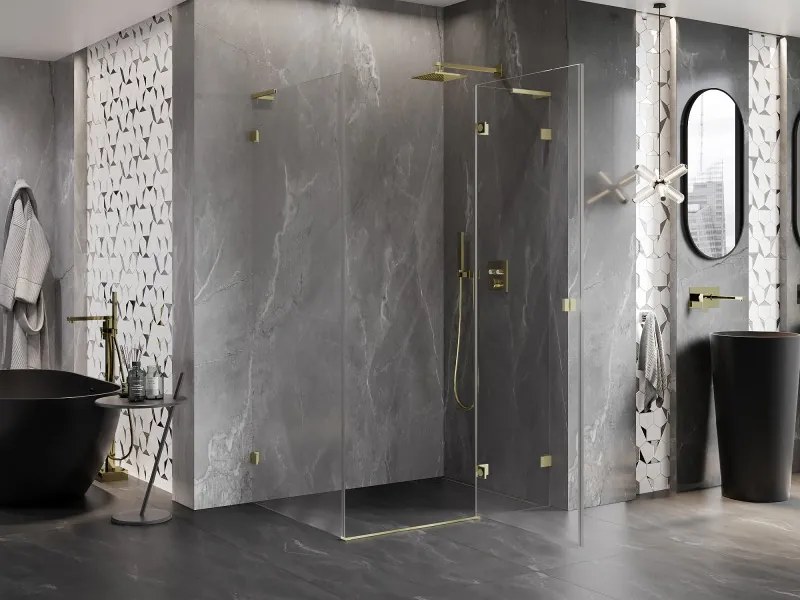 Mexen Lunar L, pravý výklopný sprchový kout 85 x 90 cm, 8mm čiré sklo, zlatý matný profil, 834L-085-090-55-00-P
