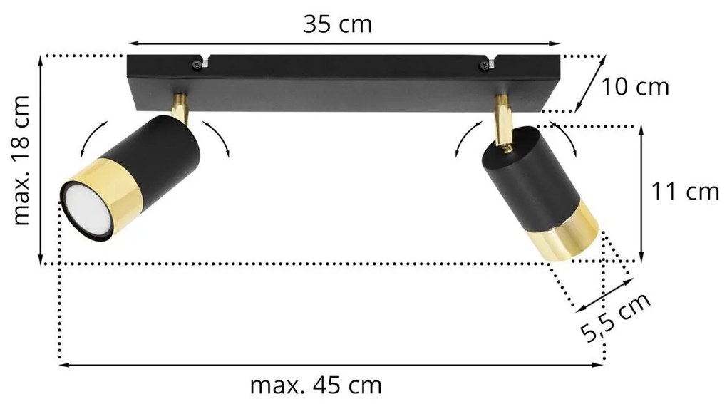 Stropní svítidlo HUGO, 2x černé/zlaté kovové stínítko, (možnost polohování)