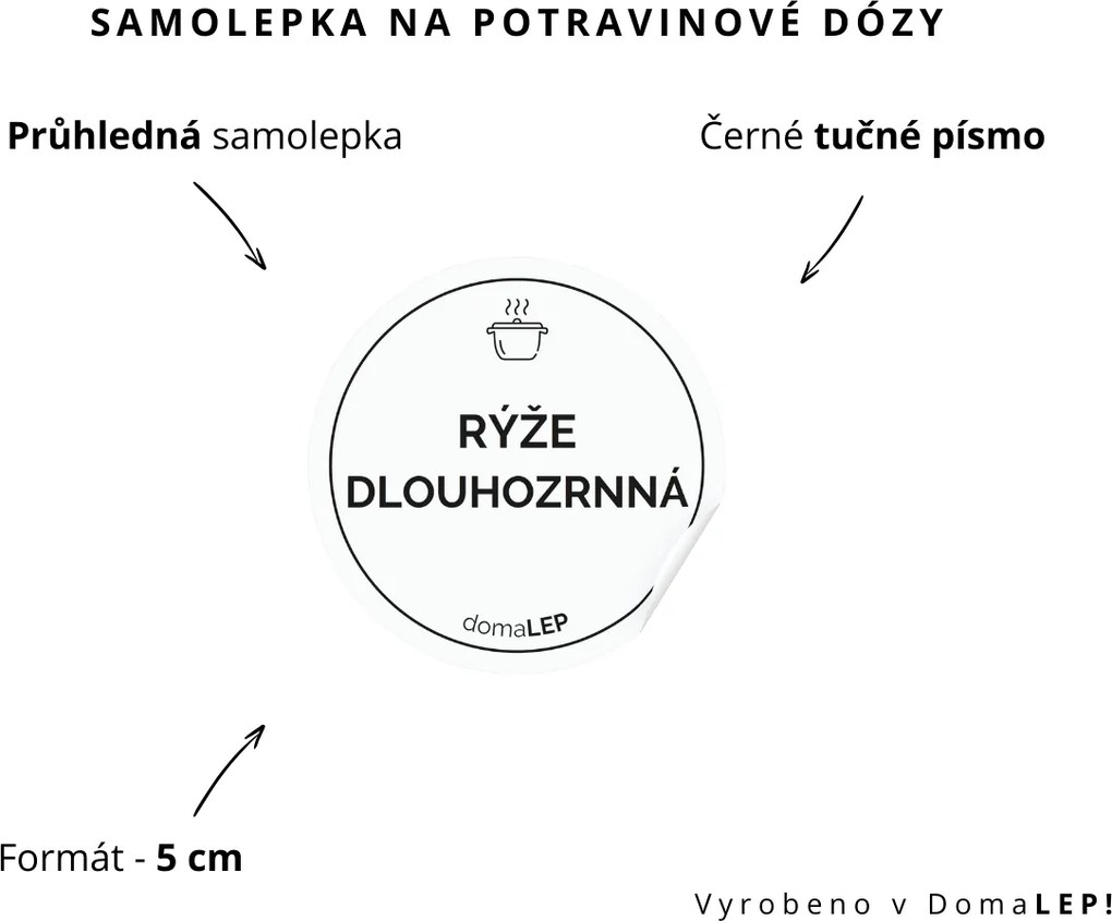 RÝŽE DLOUHOZRNNÁ - omyvatelná samolepka na dózu, výběr rozměrů Ø 5 cm / 5 x 5 cm / 6 x 8 cm | DomaLEP tvar: ČTVEREC, barva: PRŮHLEDNÁ - ČERNÉ písmo, velikost: š. 5 cm x v. 5 cm - základní písmo