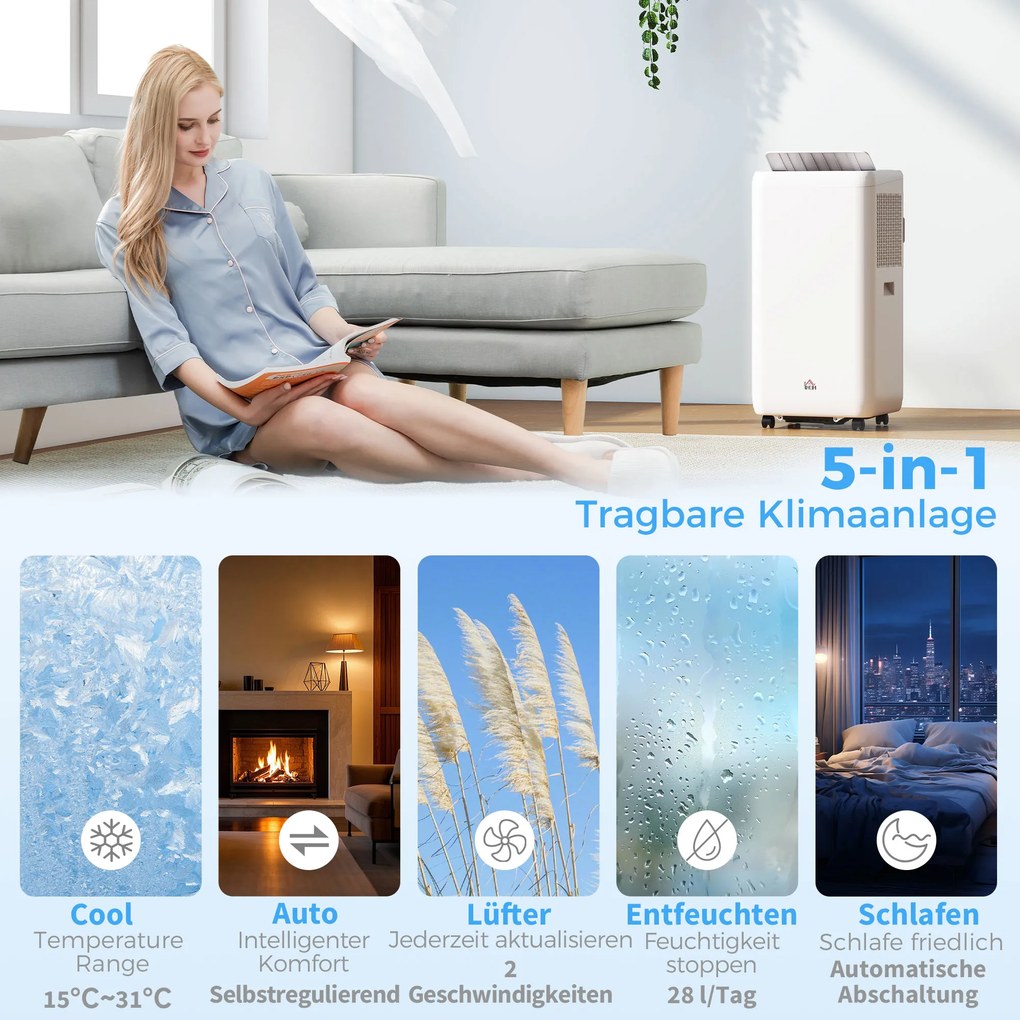 Mobilní klimatizace s odtahovou hadicí 12000 BTU 3,5 kW, 5 v 1, 24hodinový časovač, dálkové ovládání do 35㎡