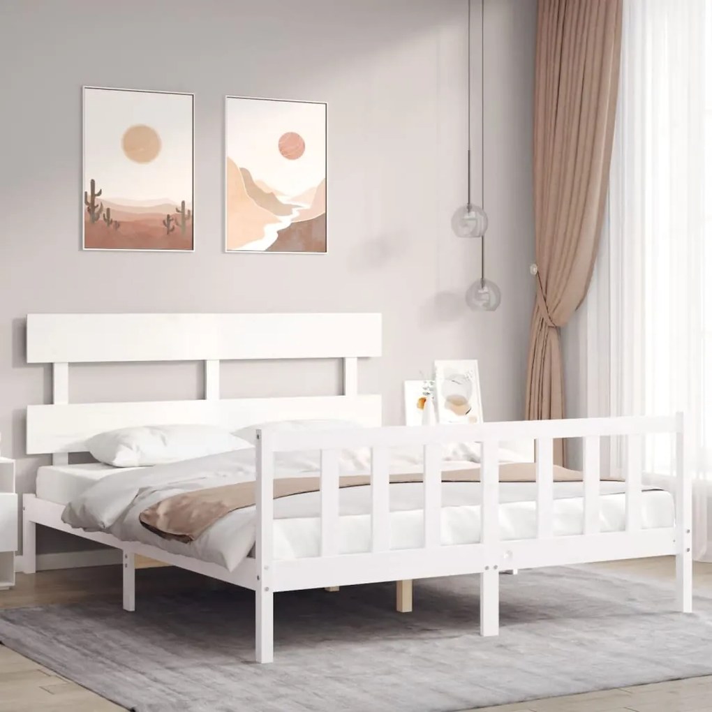 Rám postele s čelem bílý 160 x 200 cm masivní dřevo,  3193282