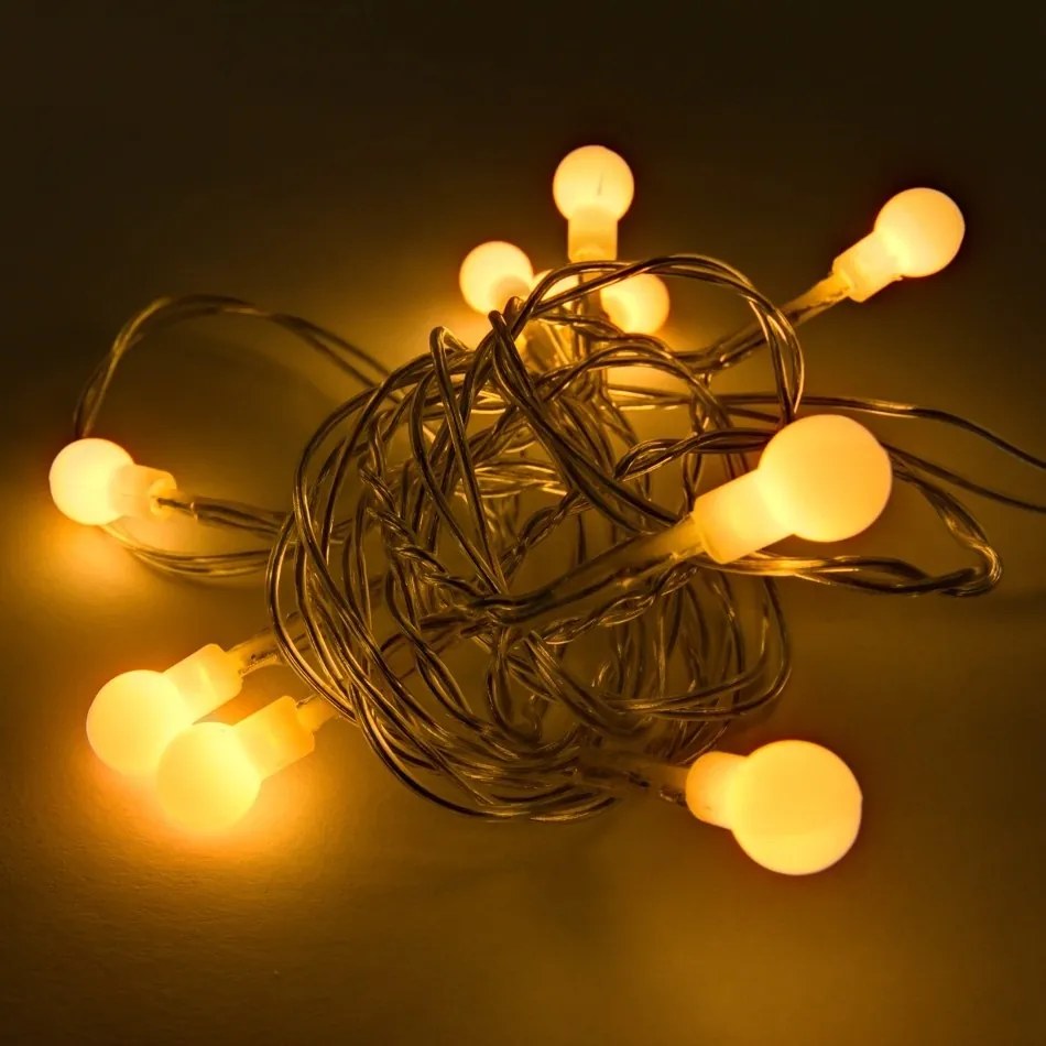 LED světýlka na baterie, kouličky, 2,1 m, teple bílá, 10 diod, čirý kabel, IP20 interiér, 3 × AA
