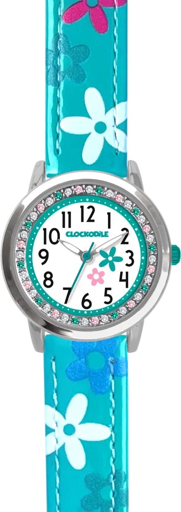 CLOCKODILE Tyrkysové dívčí dětské hodinky s kamínky a kytičkami  CWG5200