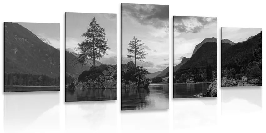5-dílný obraz černobílá horská krajina u jezera - 200x100 cm