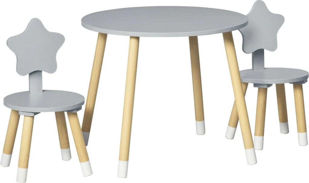 HOMCOM Dětský Dřevěný Stolek a 2 Židle Set s Kulatým Stolkem Ø59x50 cm a Židlemi Ø28x51 cm Dětský Nábytek do Hračkovny nebo Ložnice Šedý | Aosom