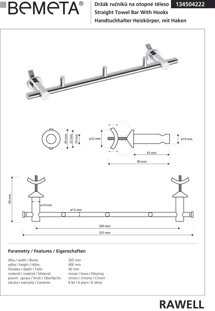Bemeta Design RAWELL: Držák ručníků na topné těleso, 300 mm, s háčky, lesk -