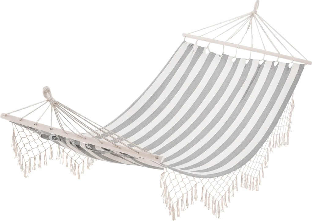 Pohodlná závěsná houpací síť Outsunny 200x100 cm se dřevěnými tyčemi, nosnost 120 kg, na terasu, balkon nebo kempování, šedá a krémová | Aosom