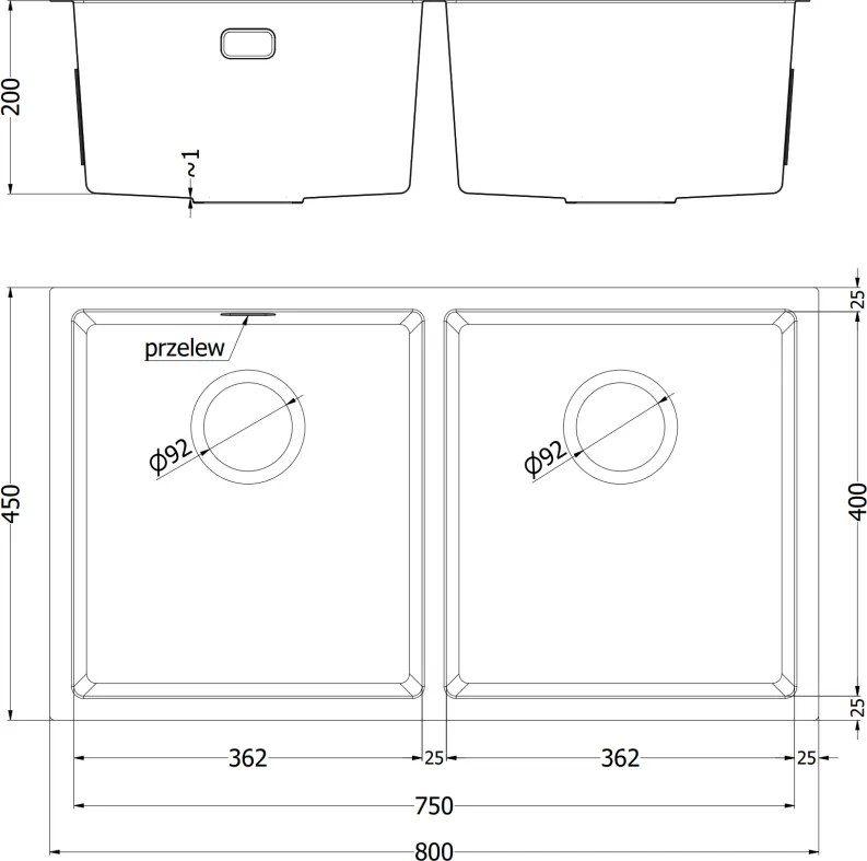 Mexen Binox, 2-komorový nerezový dřez 800 x 450 mm, broušená ocel, 6421802000-01