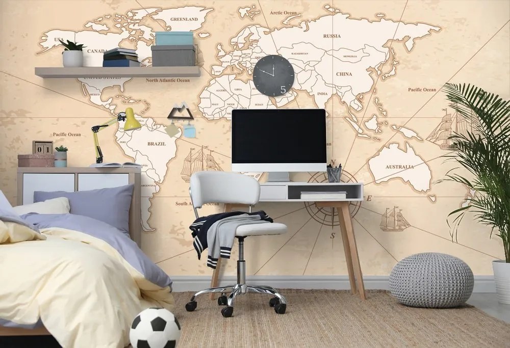 Samolepící tapeta zajímavá béžová mapa světa - 150x100 cm