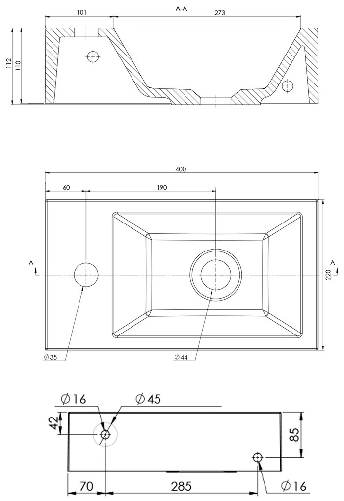 Sapho, AMAROK litý mramor umyvadlo 40x11x22cm, bílé, baterie vlevo, AR400