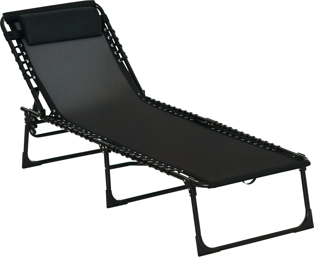 Skládací a nastavitelný lehátko Outsunny s 4 polohami sklopení - zahradní křeslo se systémem lanka pro venkovní použití, ocelový rám 189x58x30 cm, čer