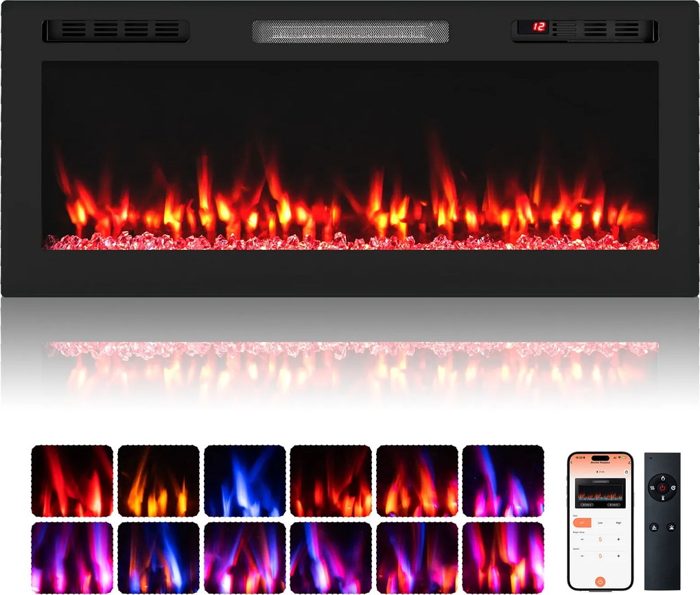 Costway 42'' Elektrický krb 750 W/1500 W vestavěný krb s APP s podporou WiFi