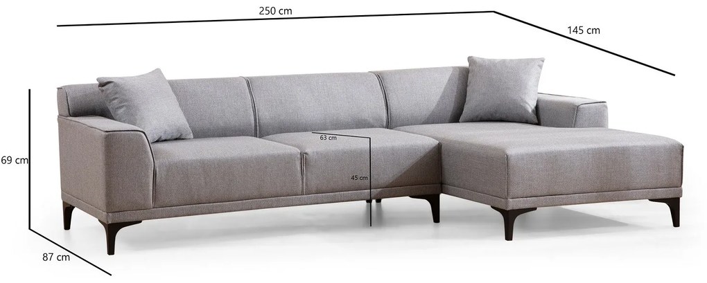 Designová rohová sedačka Dellyn 250 cm světle šedá - pravá