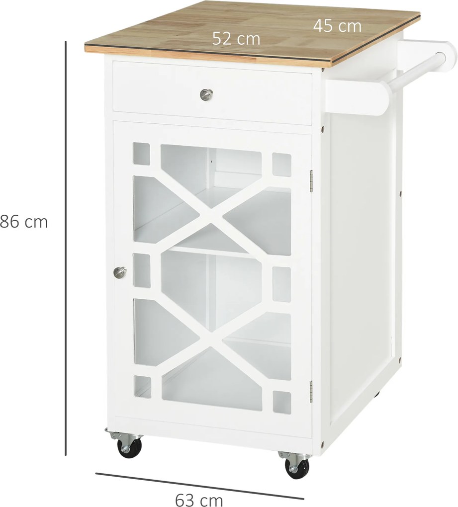 HOMCOM Servisní vozík - kuchyňský vozík na kolečkách - zásuvka, skříňka, držák na utěrky - rozměry 63L x 45W x 86H cm - bílá dřevěná konstrukce