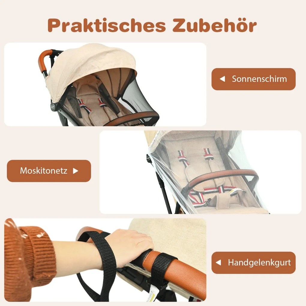 Costway Skládací kočárek s nastavitelnou opěrkou zad a nohou a béžovou stříškou