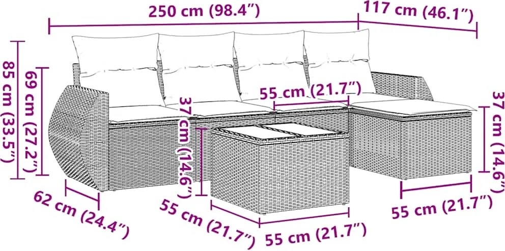 6dílná zahradní sedací souprava s poduškami černá polyratan 3253633