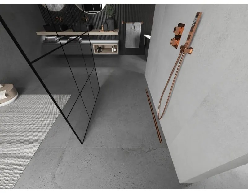 Mexen Kioto, průchozí sprchová zástěna 100 x 200 cm, 8mm sklo čiré/černý vzor, 2x růžové zlato stabilizační rozpěra, 800-100-002-60-77