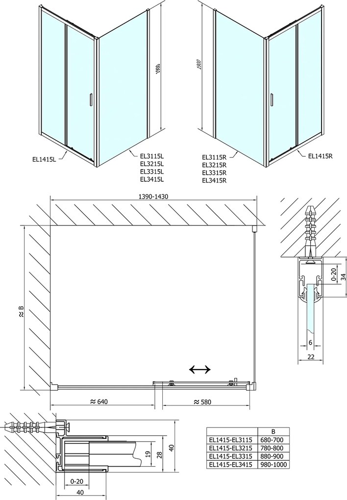 Polysan Polysan, Easy Line obdélníková sprchová zástěna 1400x1000mm L/P varianta, EL1415EL3415